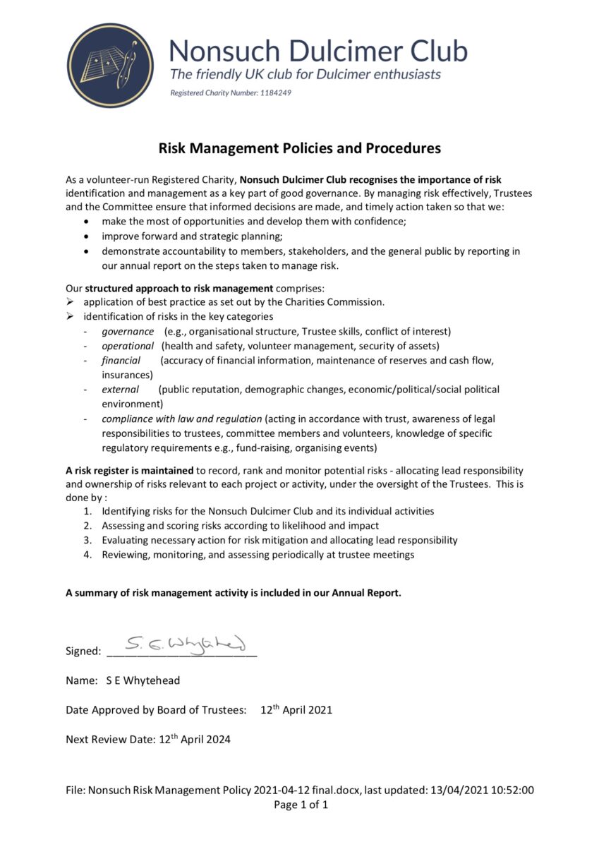 Risk Management Policies and Procedures - Nonsuch Dulcimer Club